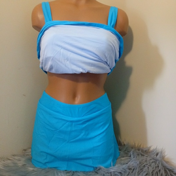 Swim Blue Solid Ruched 2pcs Tankini Skirted Swimsuit Poshmark